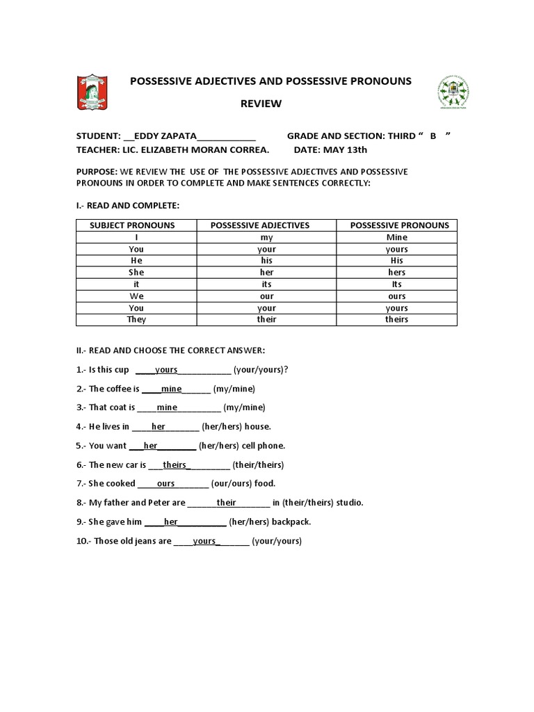 Possessive Adjectives and Possessive Pronouns Review | PDF