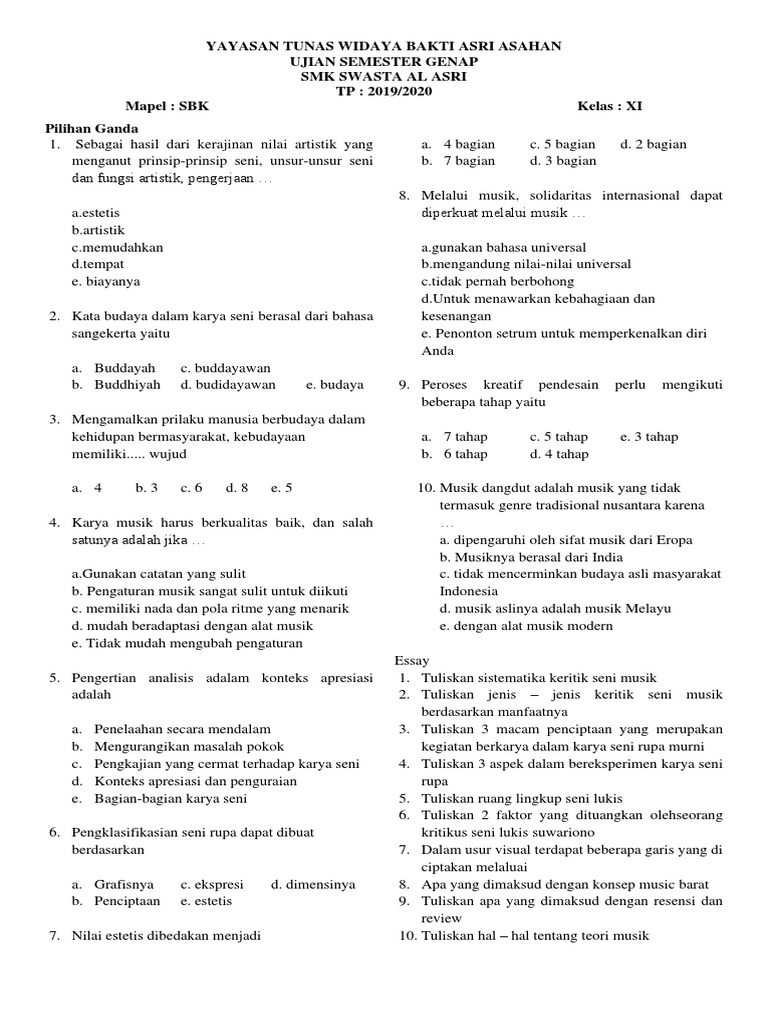 Soal SBK Kelas Xi 2020 | PDF