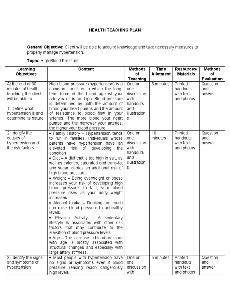 Hypertension - Health Teaching Plan | PDF | Hypertension | Blood Pressure