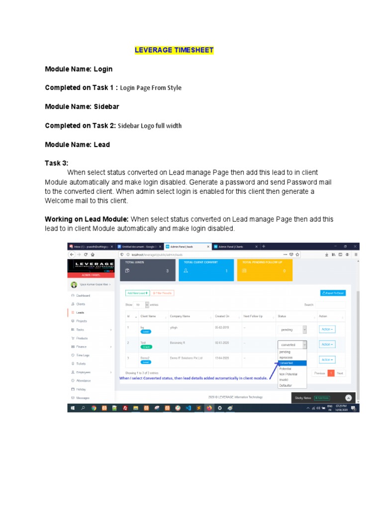 Module Name: Login Completed On Task 1: Module Name: Sidebar Completed ...