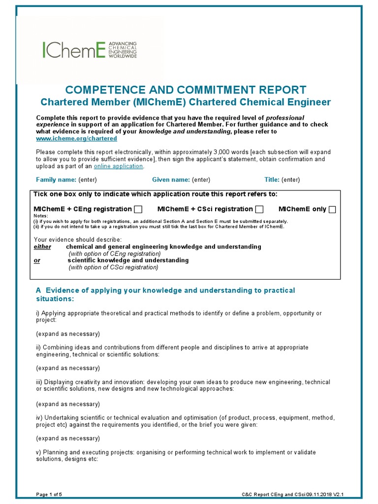 Competence and Commitment Report: Chartered Member (Micheme) Chartered ...