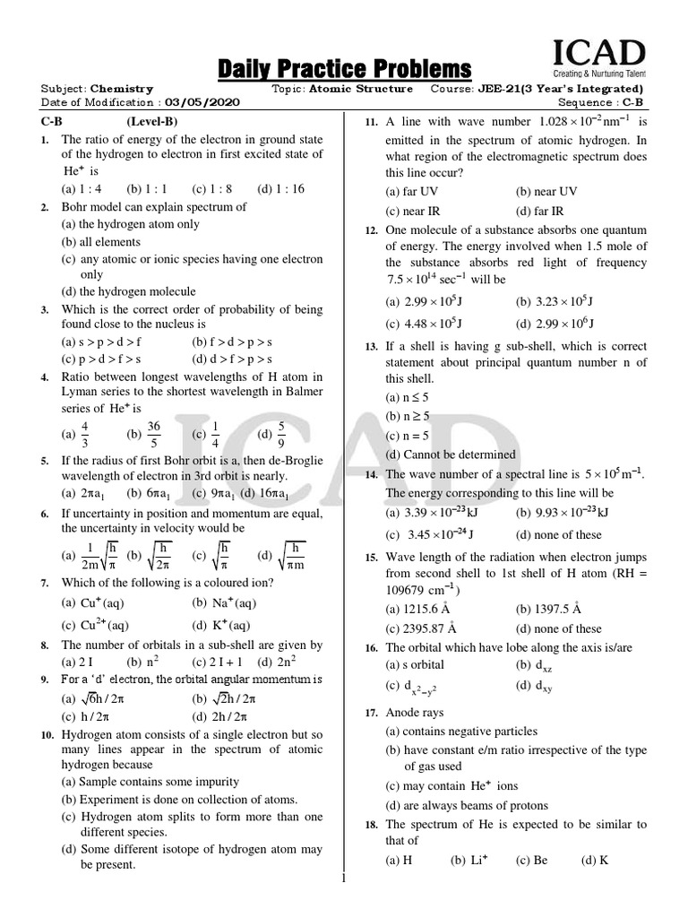 Daily Practice Problems: C-B (Level-B) | PDF | Atoms | Electron