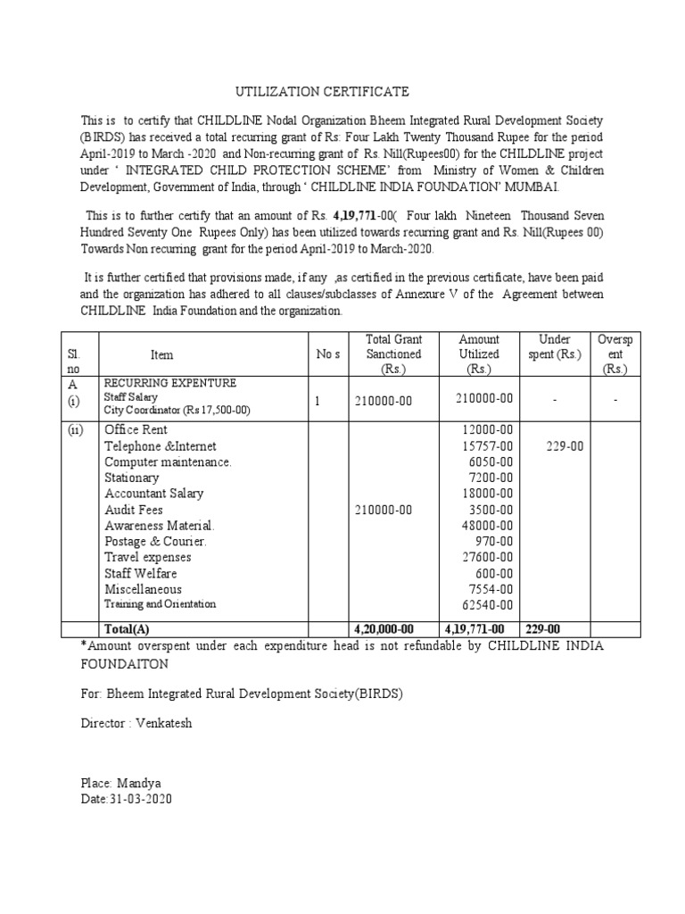 Utilization Certificate 2019 Pdf Government Business
