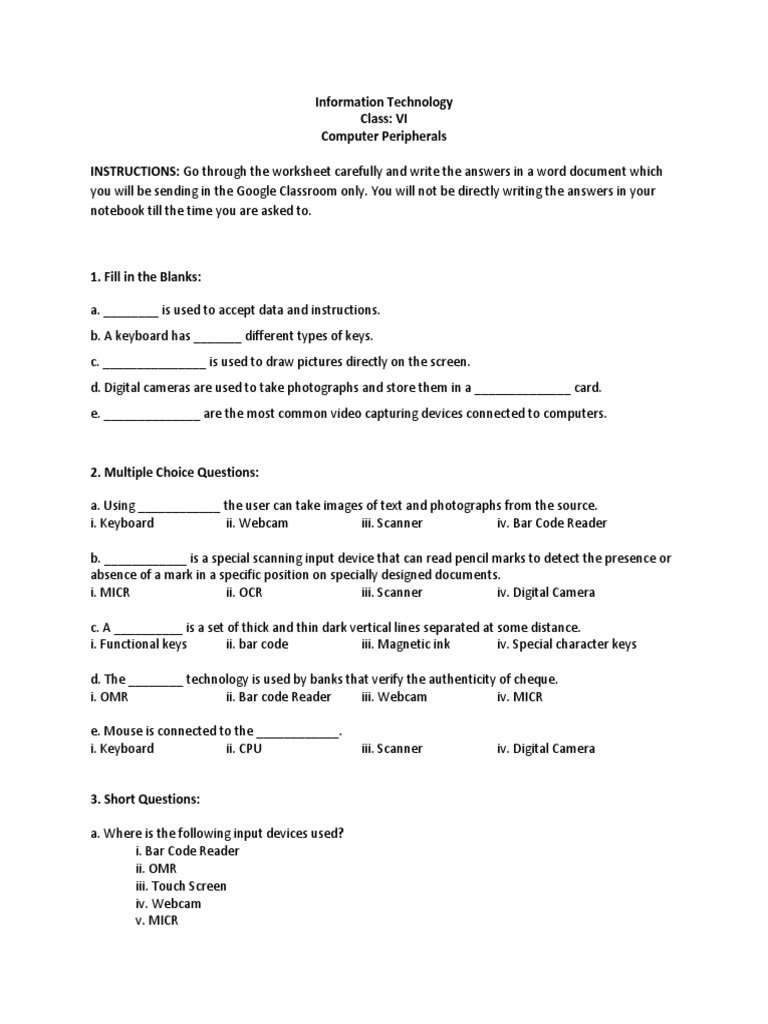 Information Technology Class: VI Computer Peripherals INSTRUCTIONS: Go ...