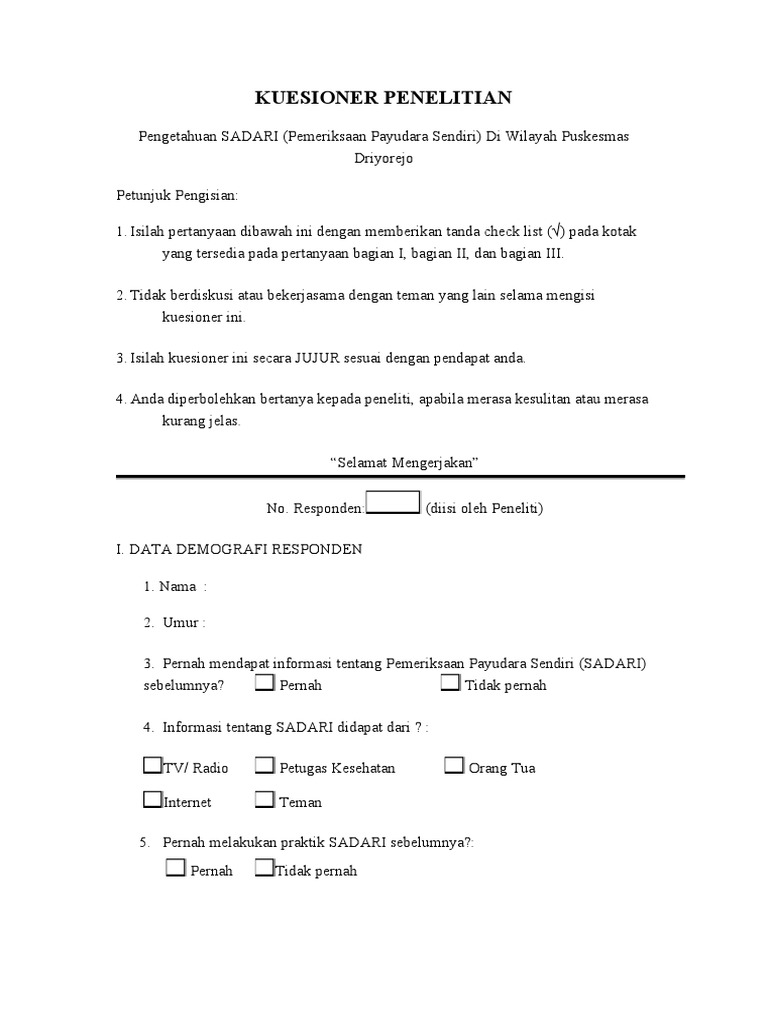 Kuisioner Tingkat Pengetahuan Sadari | PDF