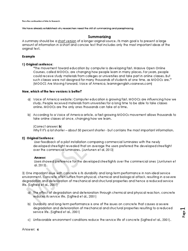 Summarizing: Example 1) Original Sentence | PDF | Massive Open Online ...