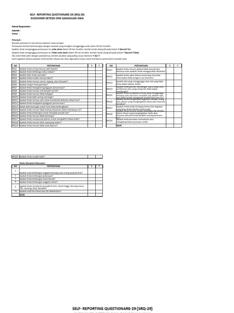Self-Reporting Questionare-29 (Srq-29) Kuesioner Deteksi Dini Gangguan ...
