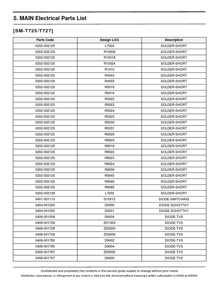 Main Electrical Parts List for SM-T725/T727 | PDF | Computer ...