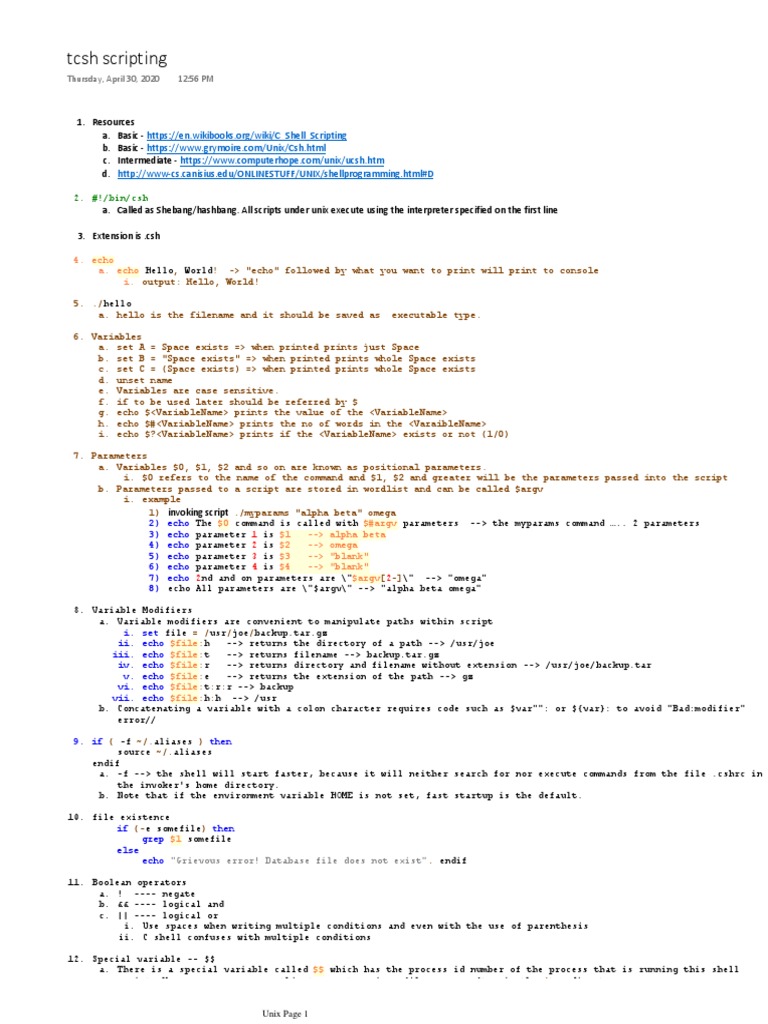 TCSH Scripting: Basic - A. Basic - B. Intermediate - C. D. Resources 1 | PDF | Computer ...