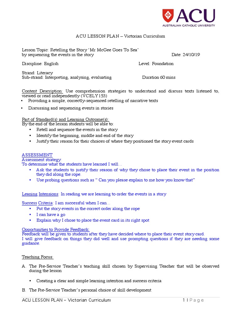 ACU LESSON PLAN - Victorian Curriculum 1 | Download Free PDF | Teachers ...