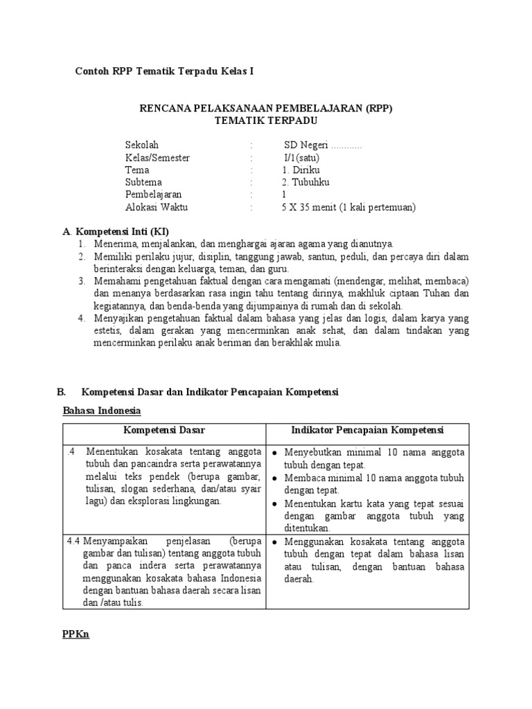 5.contoh RPP Tematik Terpadu Kelas I Dan IV | PDF