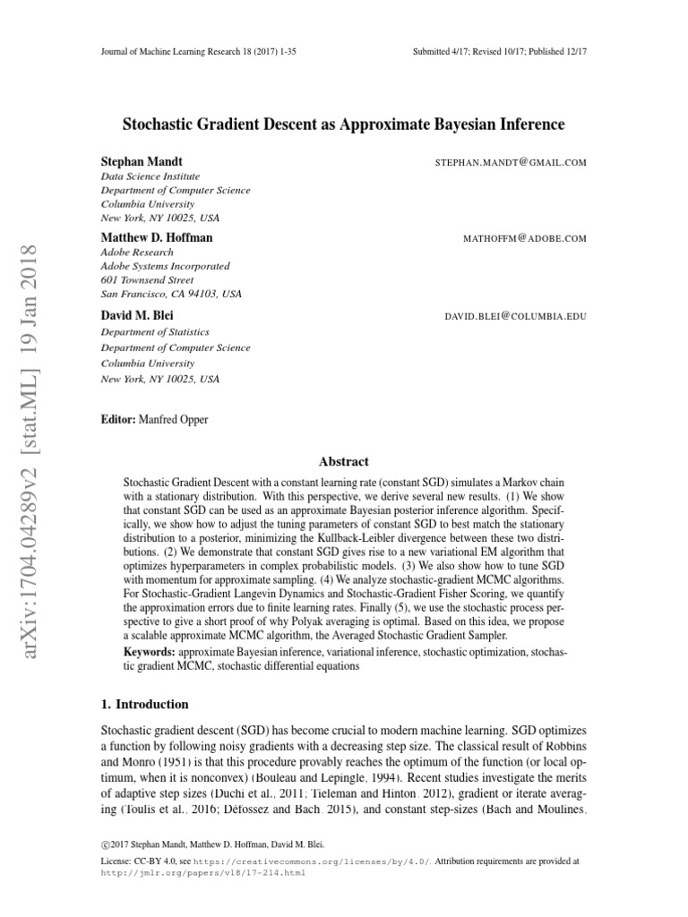 Stochastic Gradient Descent As Approximate Bayesian Inference Pdf Mathematical Optimization