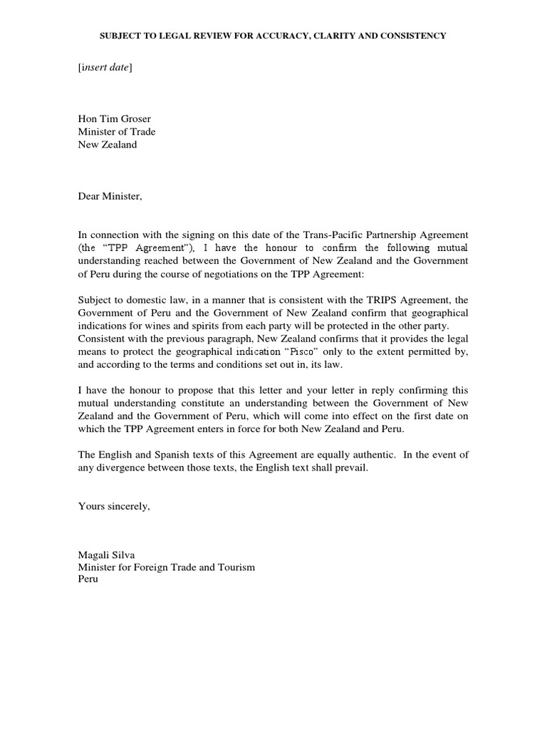New Zealand - Peru Side Letter Understanding On Geographical ...