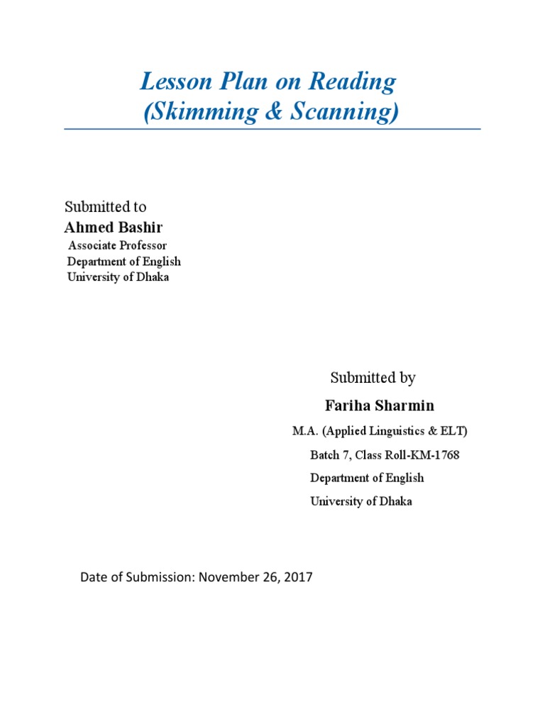 Lesson Plan On Reading (Skimming & Scanning) : Submitted To | PDF ...