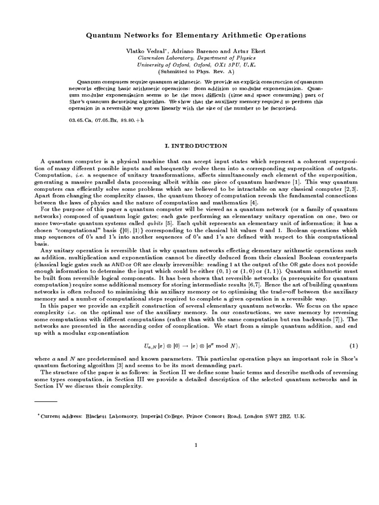 Quantum Networks For Elementary Arithmetic Operations | PDF | Quantum ...