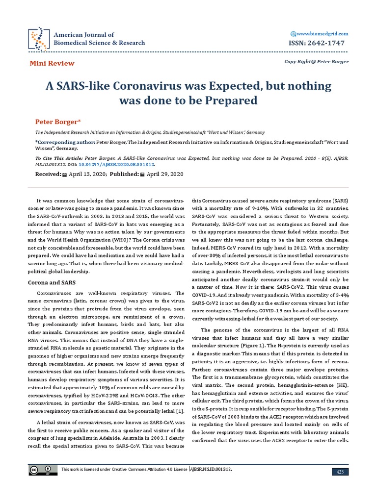 Peter Borger. A SARS-like Coronavirus Was Expected, But Nothing Was ...