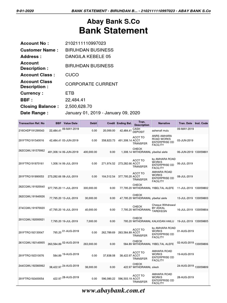 Bank Statement for Biruhdan Business from January 1, 2019 to January 9 ...