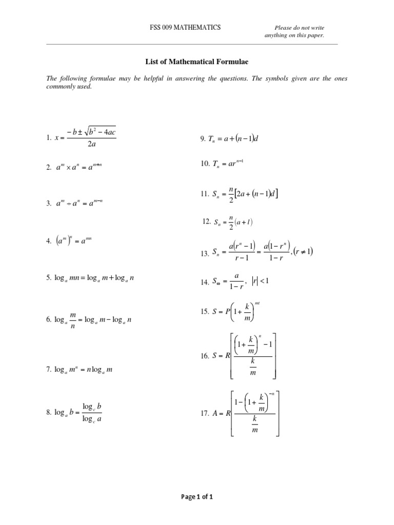 FSS009 List of Mathematical Formulae | PDF | Formalism (Deductive) | Logic