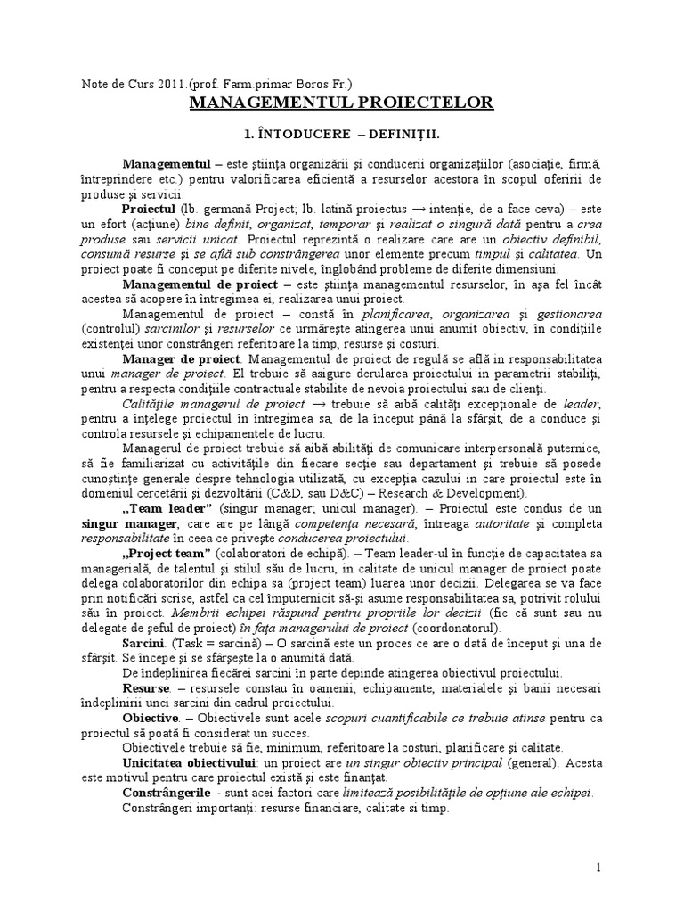 Curs Management Proiect 2011 | PDF