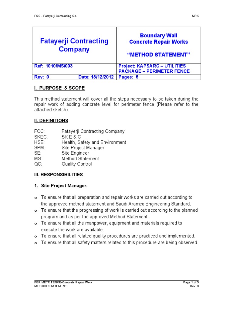 KAPSARC-SK-Concrete Repair work-METHOD STATEMENT | PDF | Surveying ...