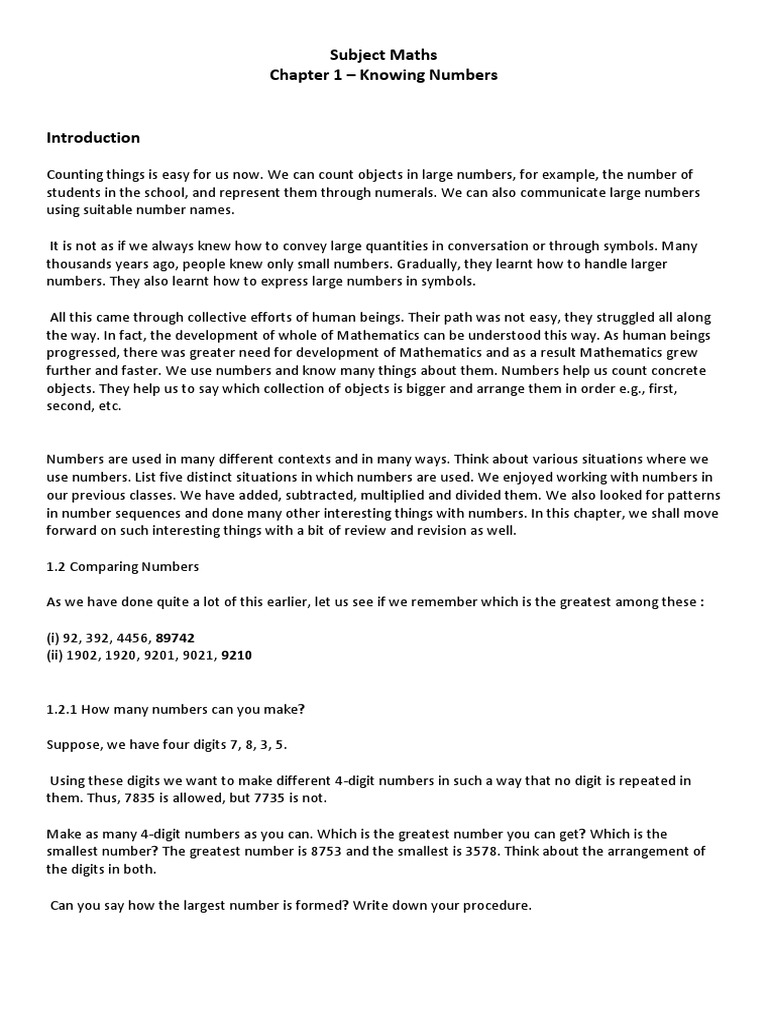 Subject Maths Chapter 1 - Knowing Numbers | PDF