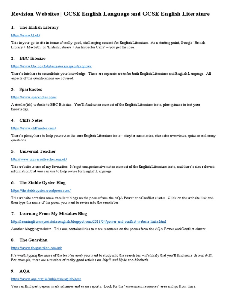 Revision Websites - GCSE English Language and GCSE English Literature | PDF