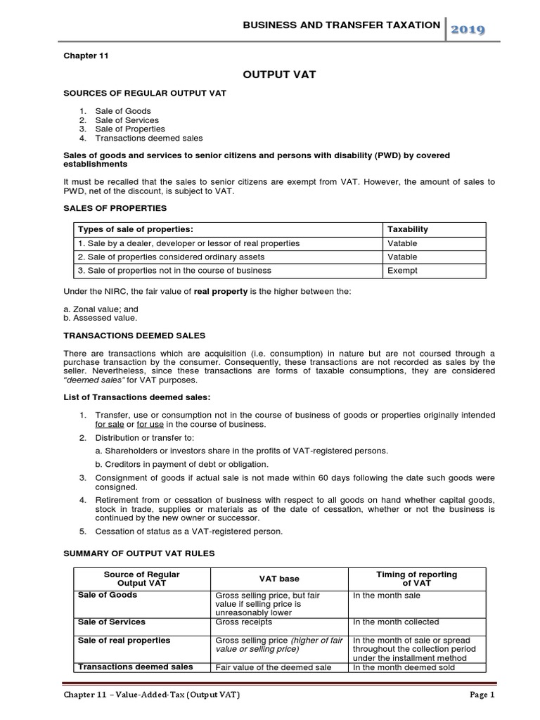 TAXATION 2 Chapter 11 Output VAT Regular | PDF | Value Added Tax | Sales
