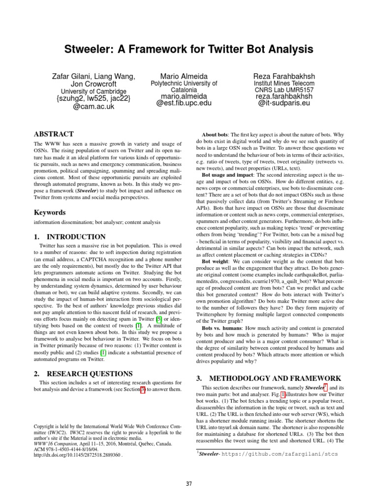Stweeler: A Framework For Twitter Bot Analysis | PDF | Internet Bot ...