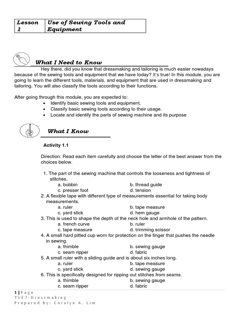 Lesson 1 Use of Sewing Tools and Equipment: Activity 1.1 | PDF | Sewing ...