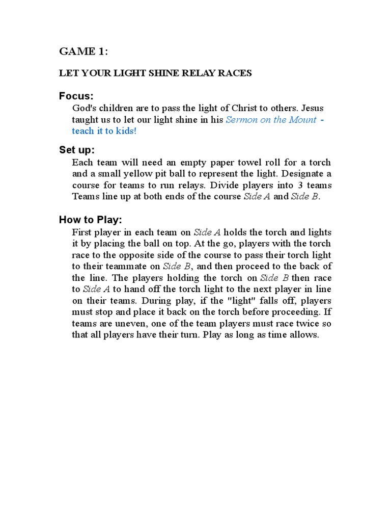 Let Your Light Shine Relay Race | PDF