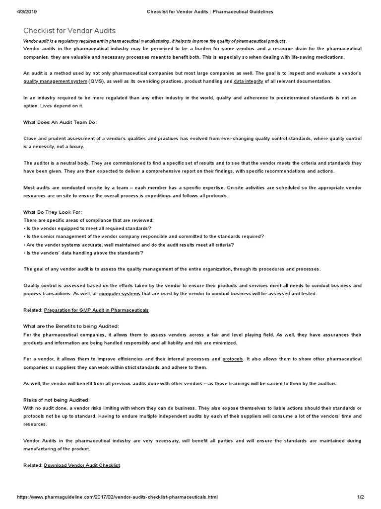 Checklist For Vendor Audits - Pharmaceutical Guidelines | PDF | Quality ...