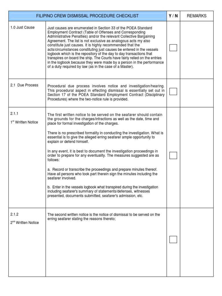 Crew Dismissal Checklist | PDF | Evidence | Evidence (Law)