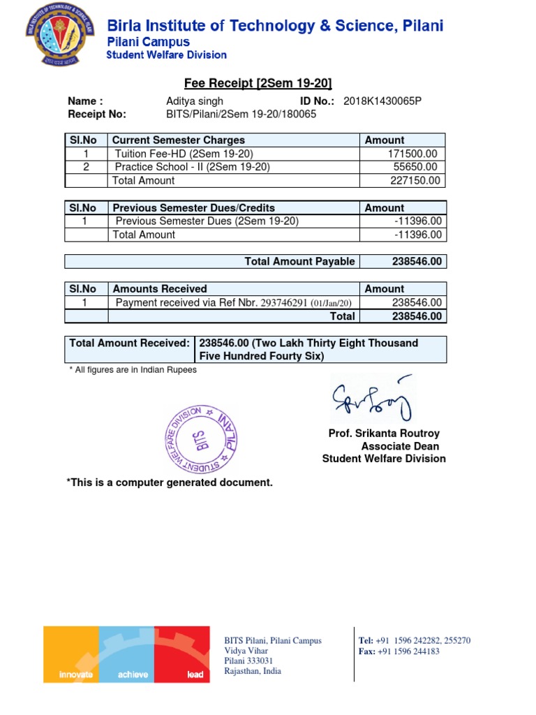 BITS Pilani 2nd Semester Fee Receipt | PDF