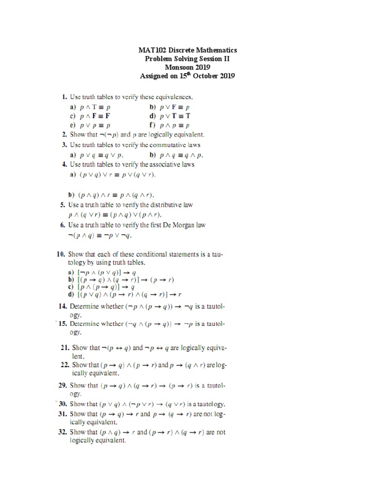 MAT102 Discrete Mathematics Problem Solving Session II Monsoon 2019 Assigned On 15 October 2019 ...