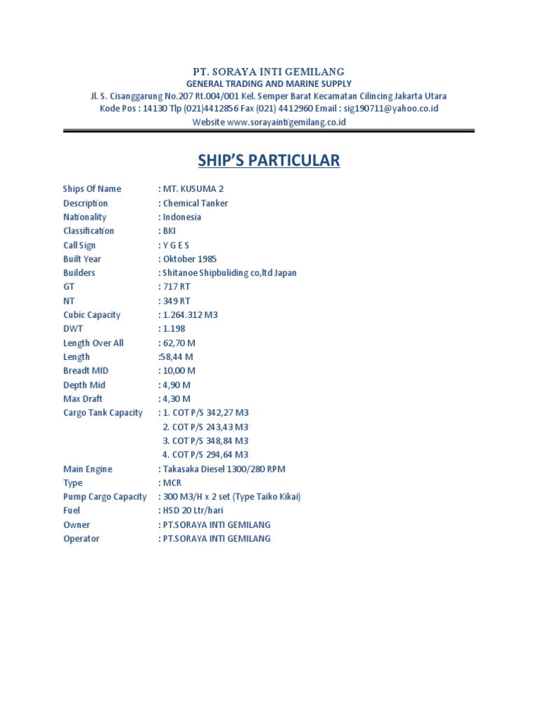 Ship Particulars of MT. Kusuma 2 | PDF | Travel