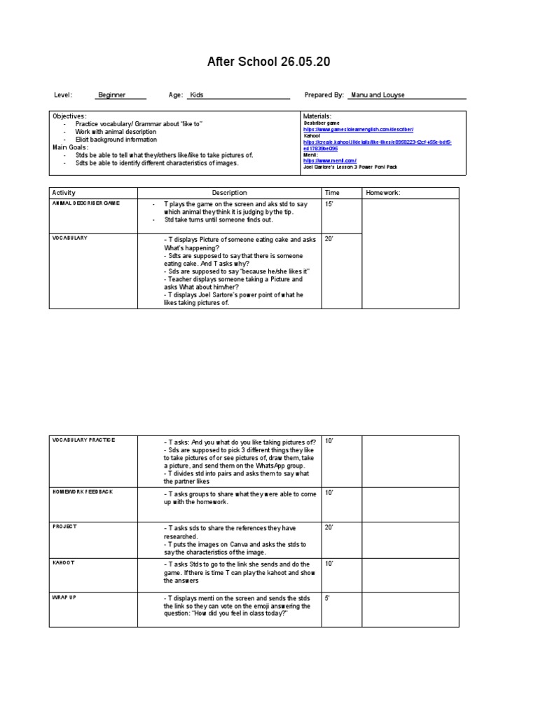 After School Lesson Plan 26.05.20 | PDF | Cognitive Science | Communication