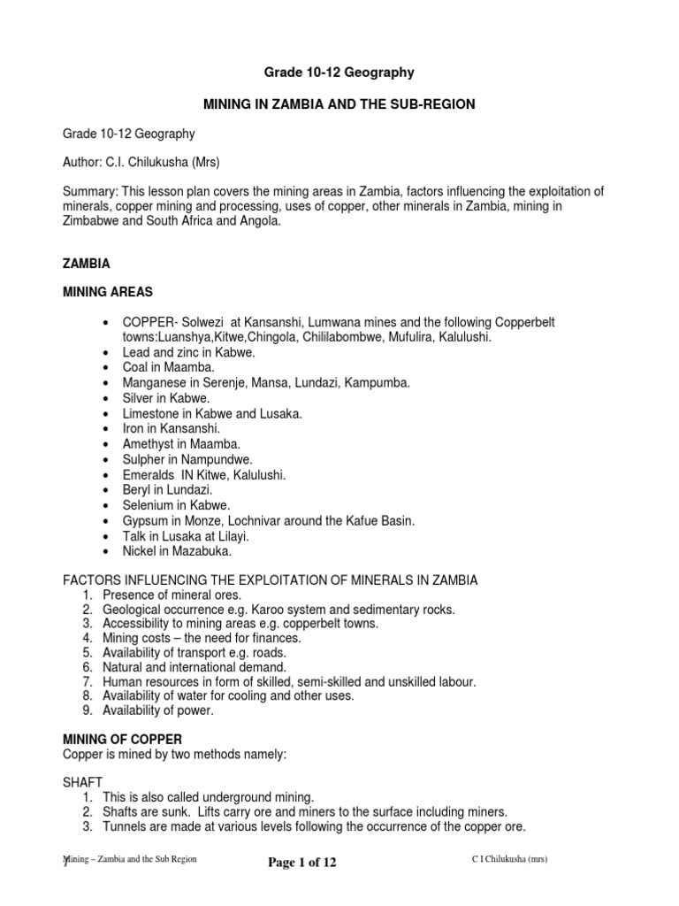 Grade 10-12 Geography Mining in Zambia and The Sub-Region | PDF ...