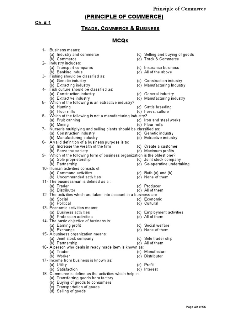 (Principle of Commerce) T, C & B MCQS: Rade Ommerce Usiness | PDF ...