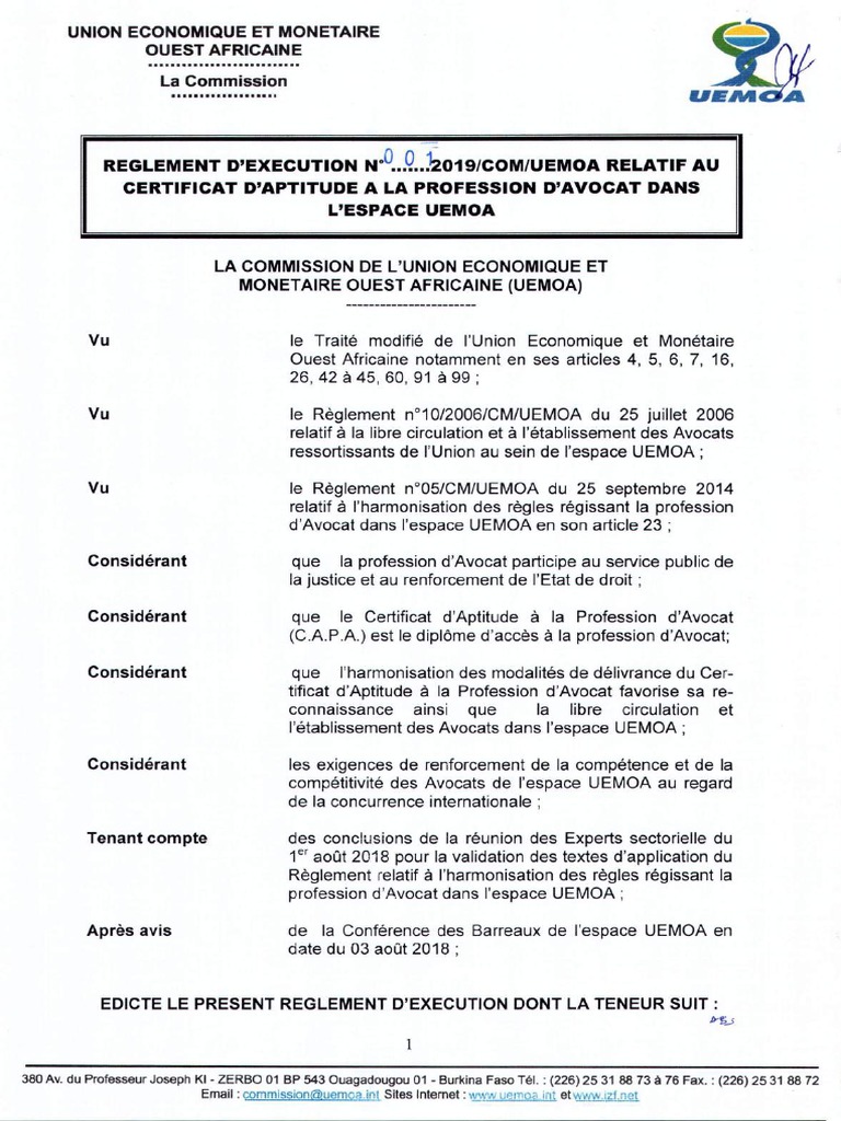 Règlement UEMOA sur le CAPA avocat | PDF | Barreau | Droit