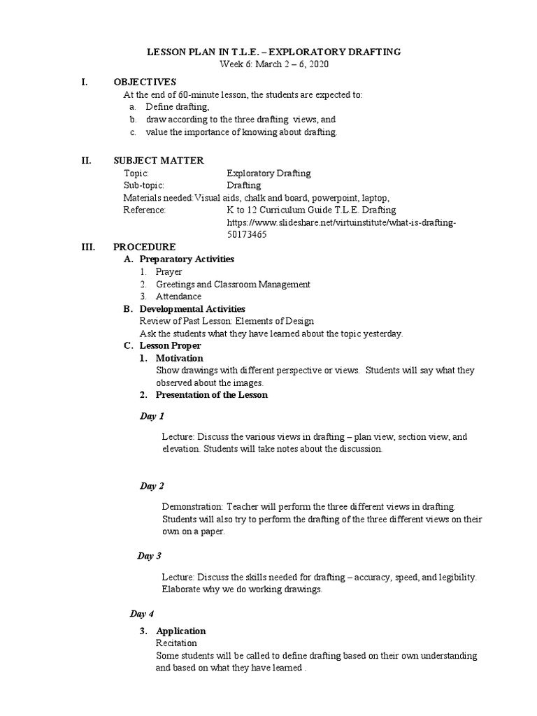 Lesson Plan in T.L.E. - Exploratory Drafting | PDF | Lesson Plan | Pedagogy