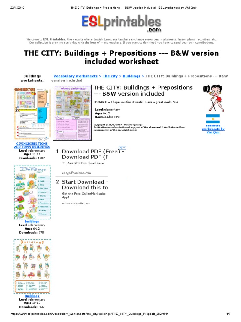 THE CITY - Buildings + Prepositions - B&W Version Included - ESL ...