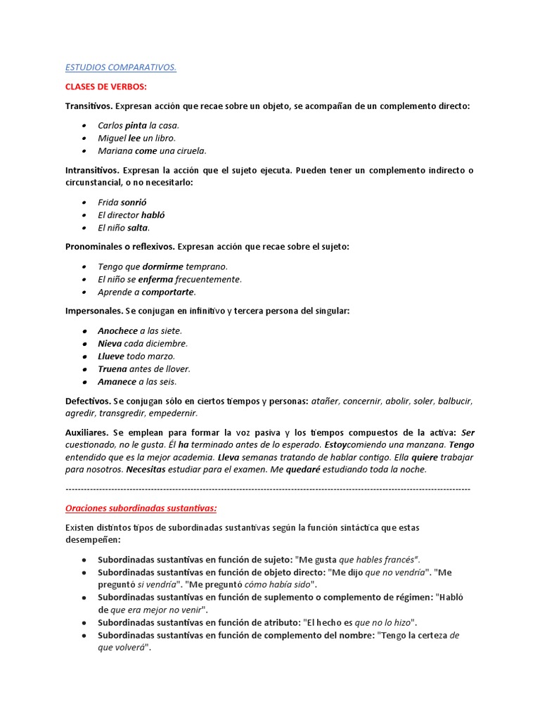 Estudios Comparativos (Clases de Verbos) | PDF | Objeto (gramática) | Verbo