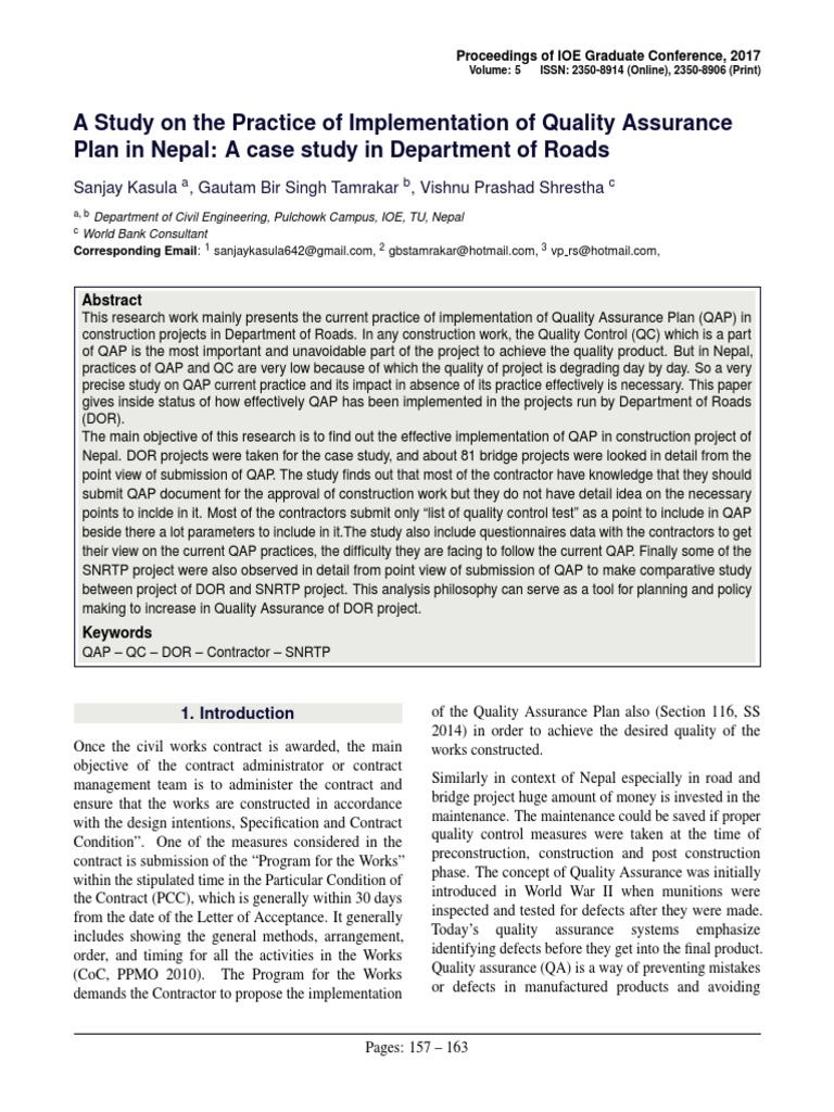 Practice of Implementation of Quality Assurance Plan in Nepal | PDF ...