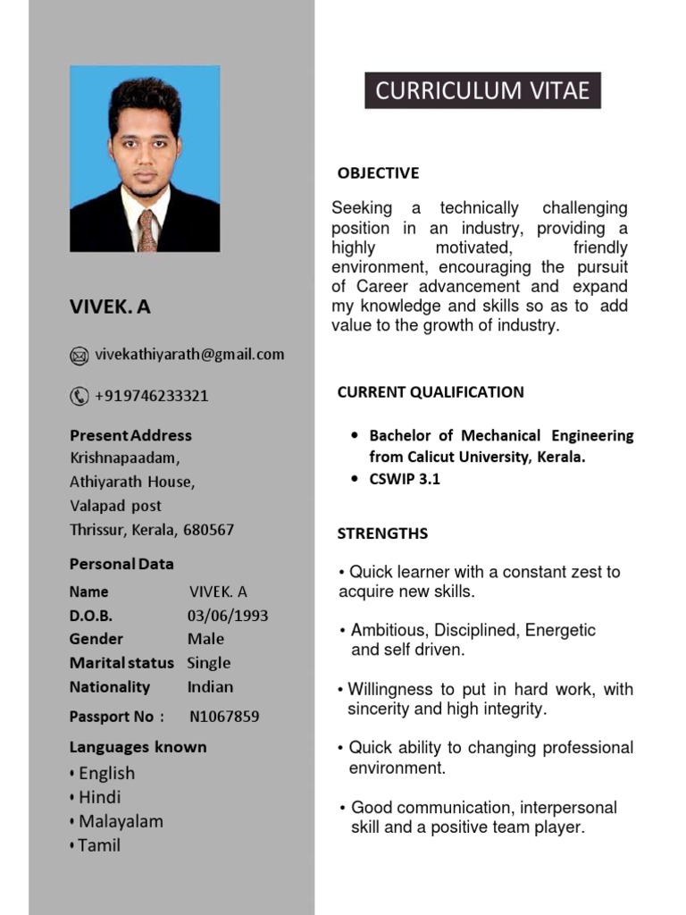 Curriculum Vitae: Vivek. A | PDF | Technical Drawing