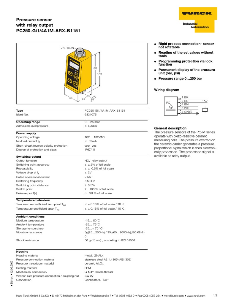 Pressure Sensor with Relay Output Technical Specifications and ...