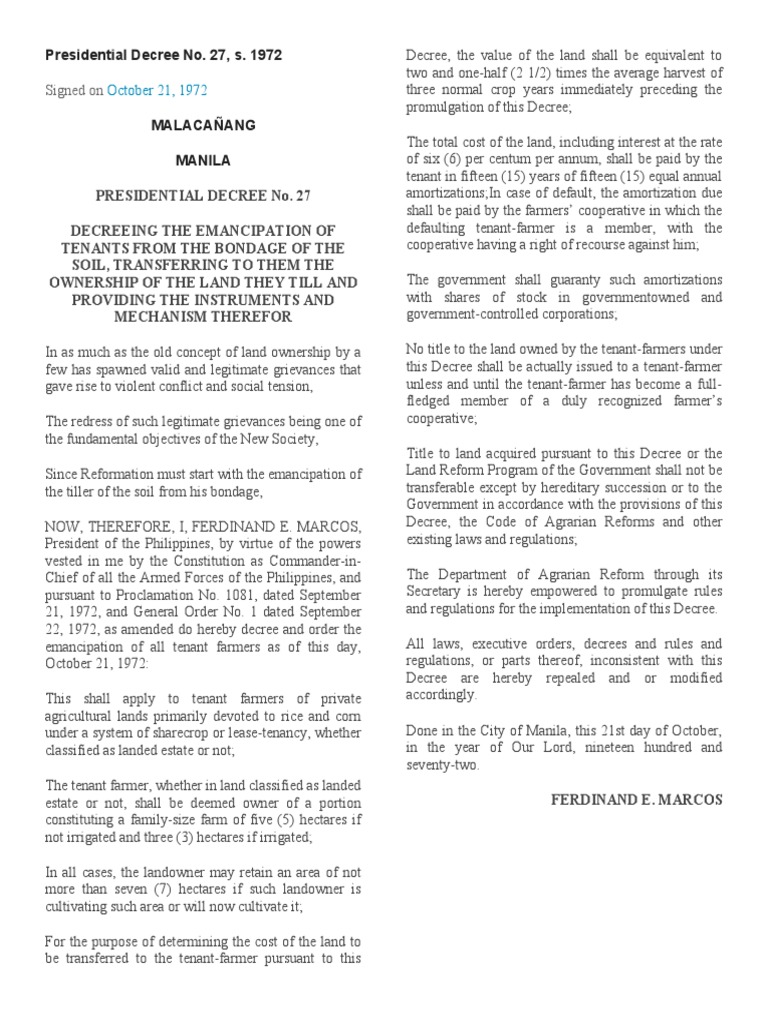GHIST P.D. 27 Presidential Decree No. 27 S. 1972 | PDF | Decree ...