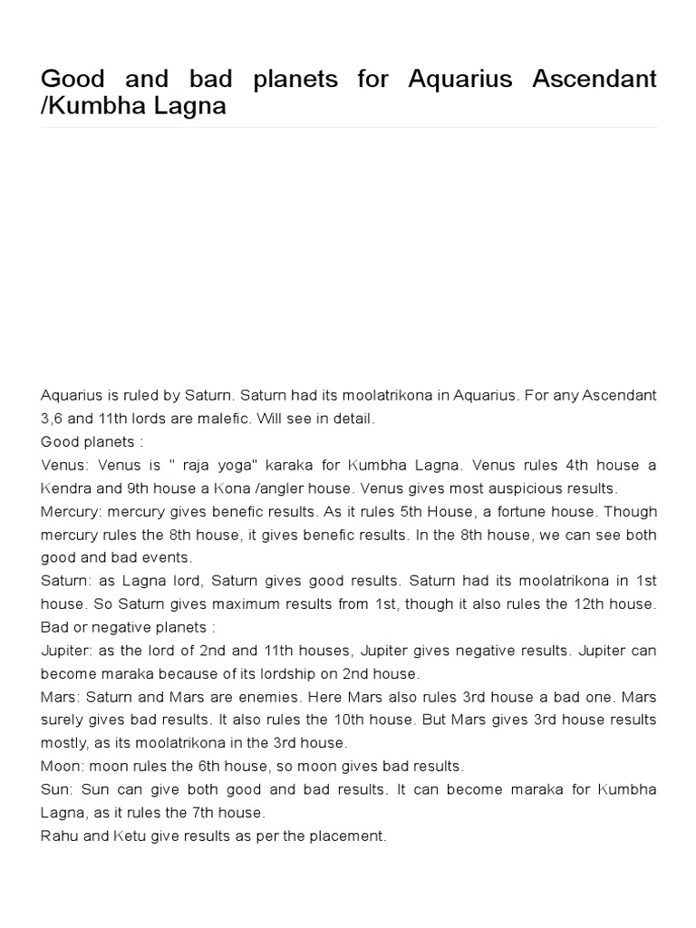 Good and Bad Planets For Aquarius Ascendant - Kumbha Lagna - Om Sri Sai ...