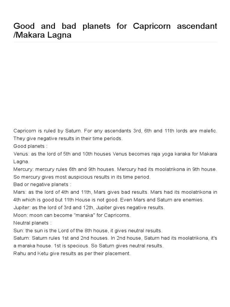 Good and Bad Planets For Capricorn Ascendant - Makara Lagna - Om Sri Sai Jyotisha Vidyapeetham | PDF