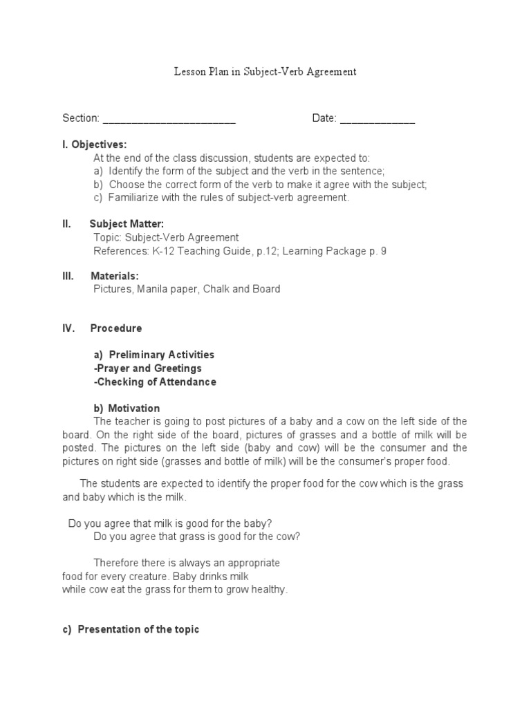 Lesson Plan On Subject-Verb Agreement | PDF | Plural | Subject (Grammar)