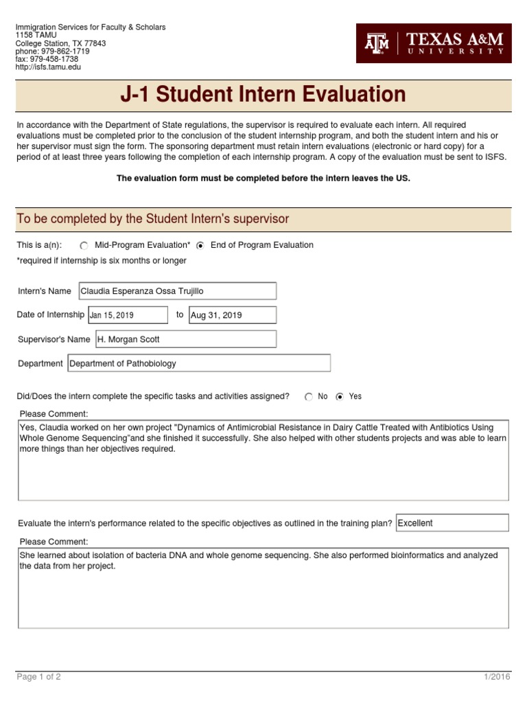 J-1 Intern Evaluation Form | PDF | Dna Sequencing | Biochemistry